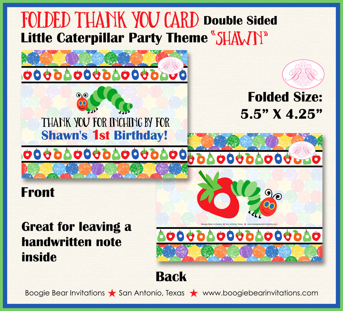 Caterpillar Birthday Party Thank You Card Fruit Picnic Boogie Bear Inv ...