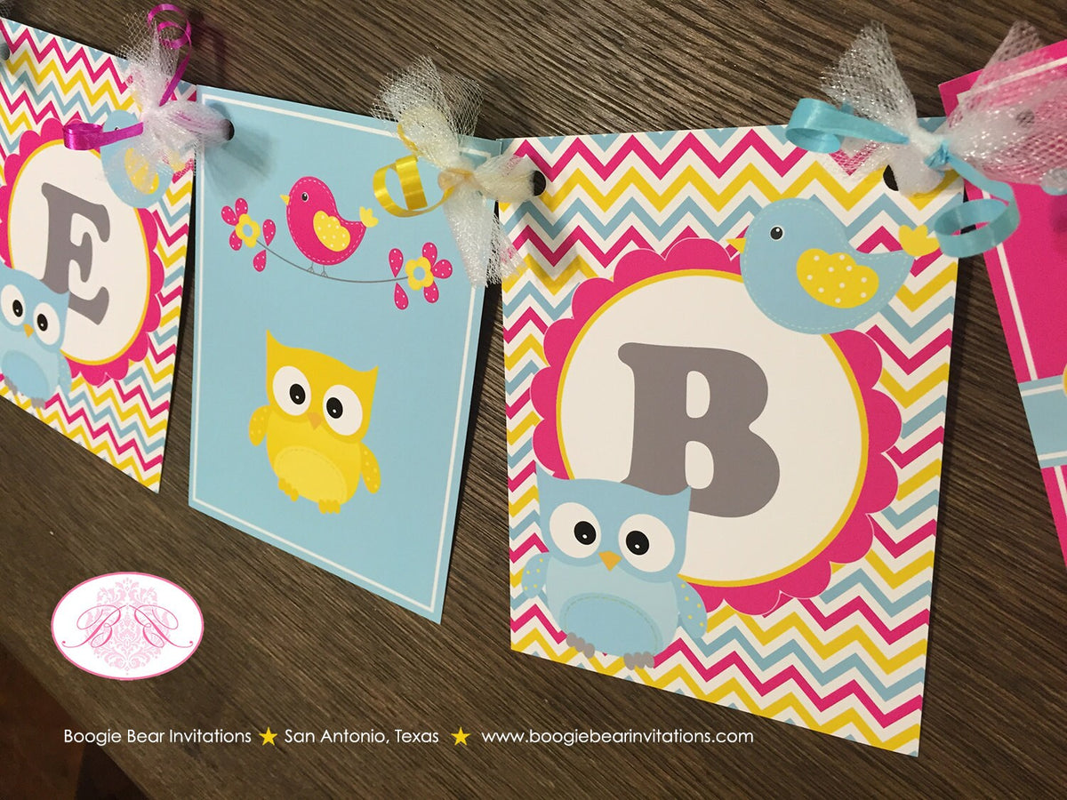 Woodland Birds Owls Welcome Baby Shower Banner Party Yellow Pink Blue ...