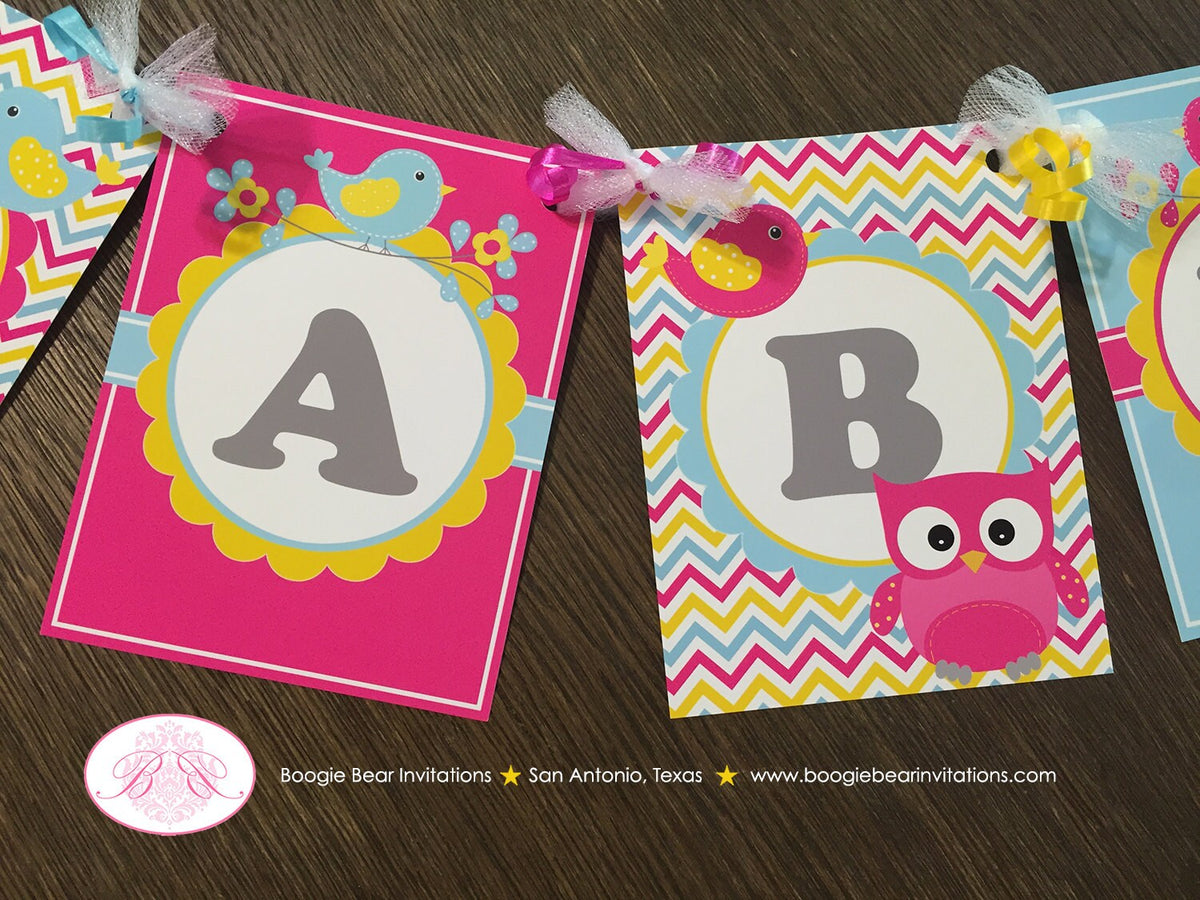 Woodland Birds Owls Welcome Baby Shower Banner Party Yellow Pink Blue ...
