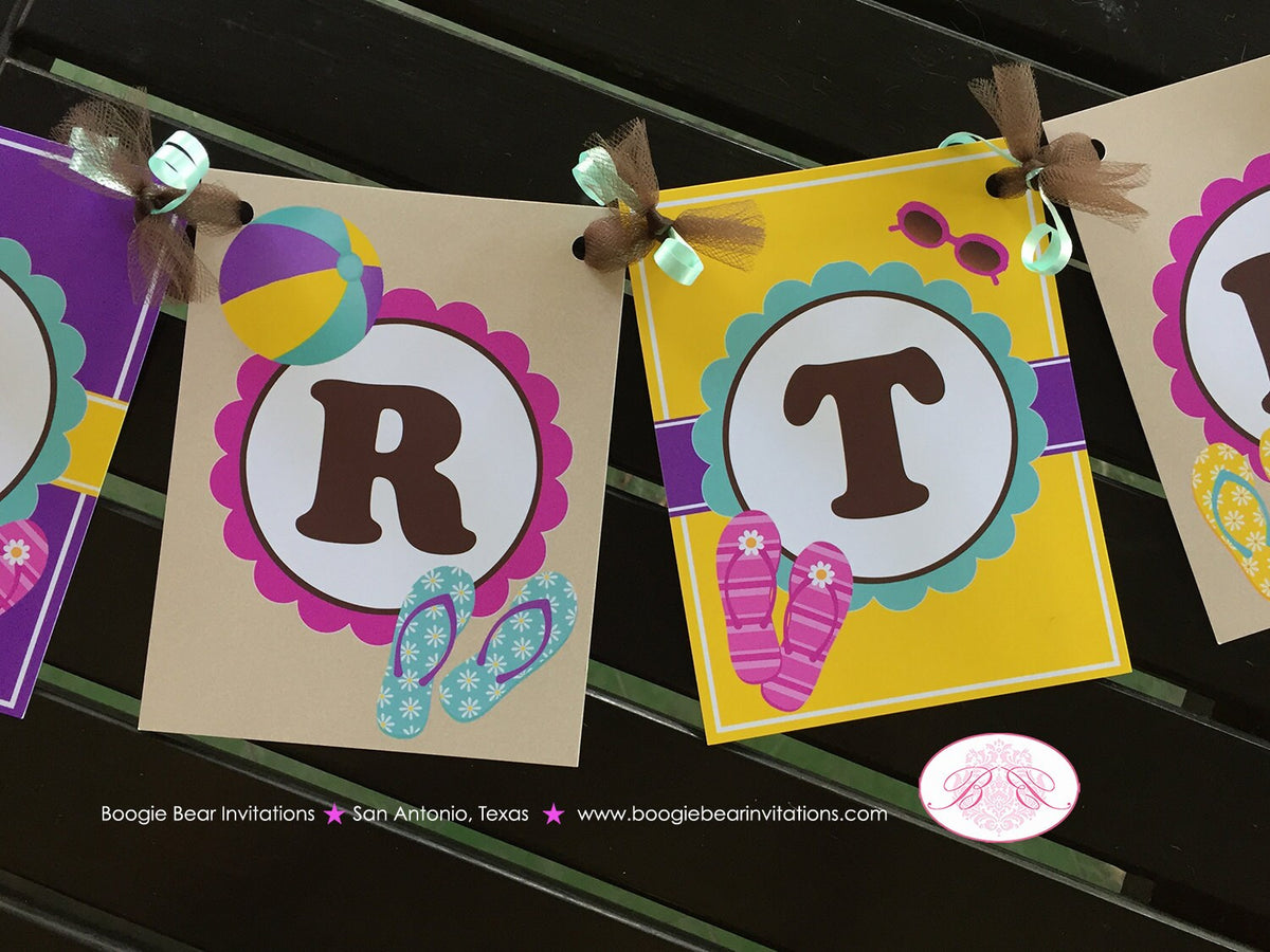 Flip Flop Pool Happy Birthday Banner Party Purple Swimming Boogie Bear ...