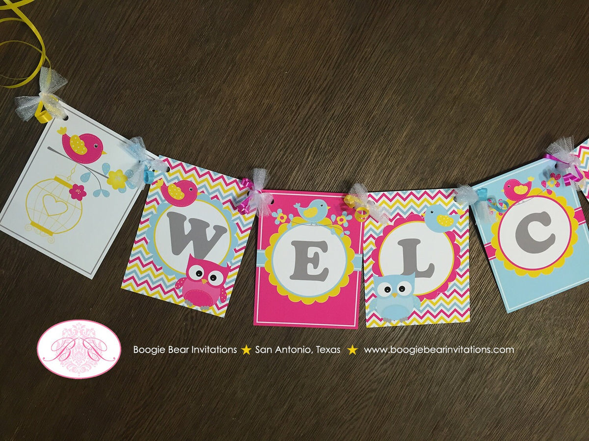 Woodland Birds Owls Welcome Baby Shower Banner Party Yellow Pink Blue ...