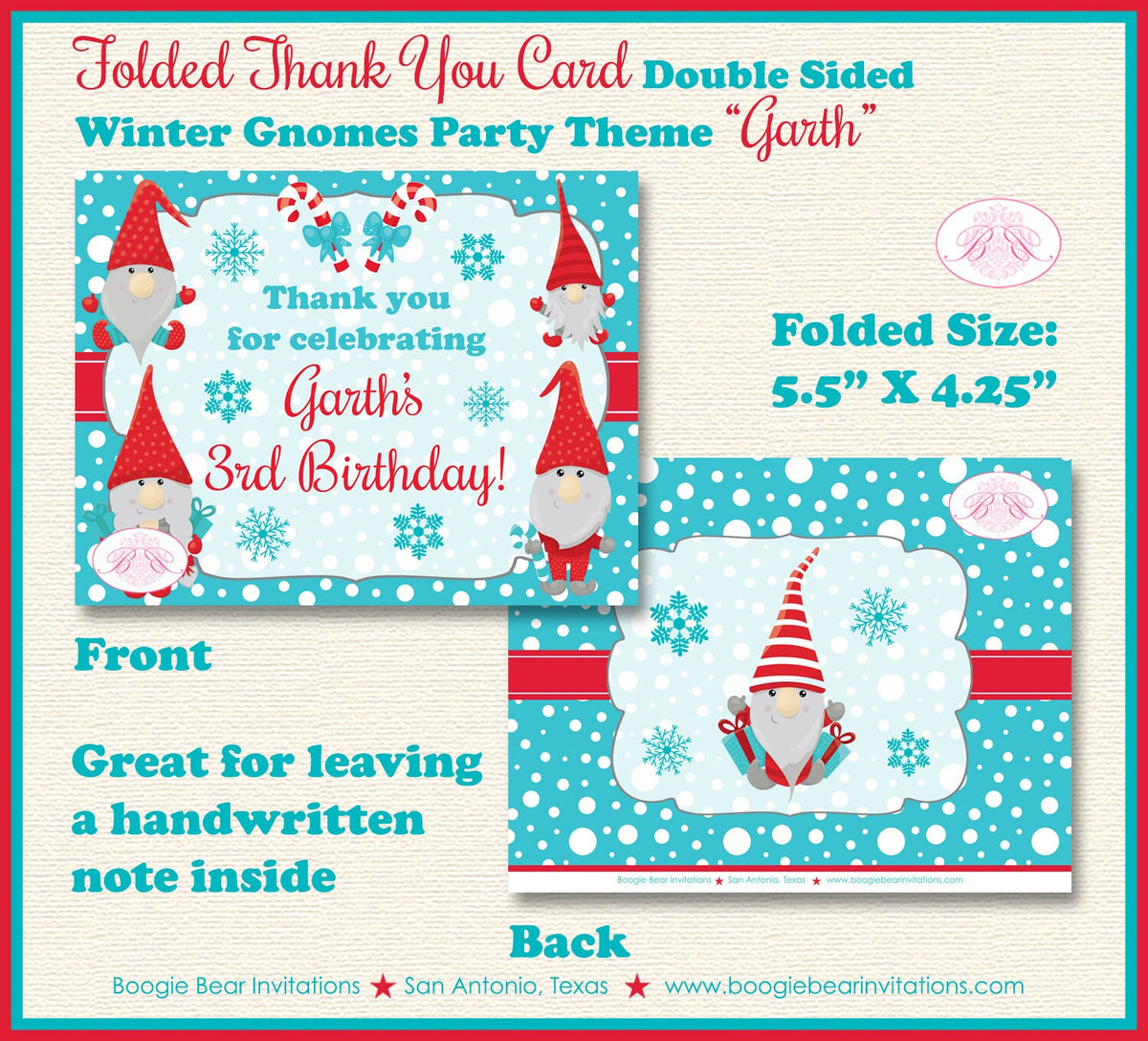 Winter Gnomes Party Thank You Cards Birthday Red Christmas Blue Boogie ...