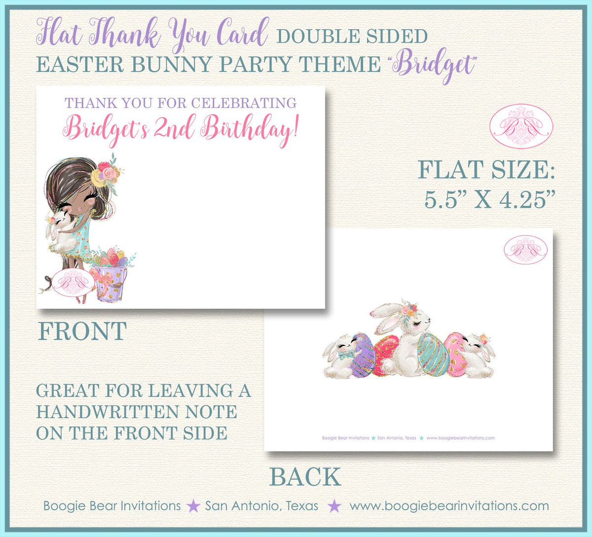 Easter Bunny Party Thank You Card Note Birthday Egg Hunt Girl Flower P ...