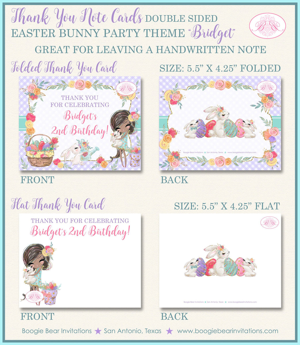 Easter Bunny Party Thank You Card Note Birthday Egg Hunt Girl Flower P ...