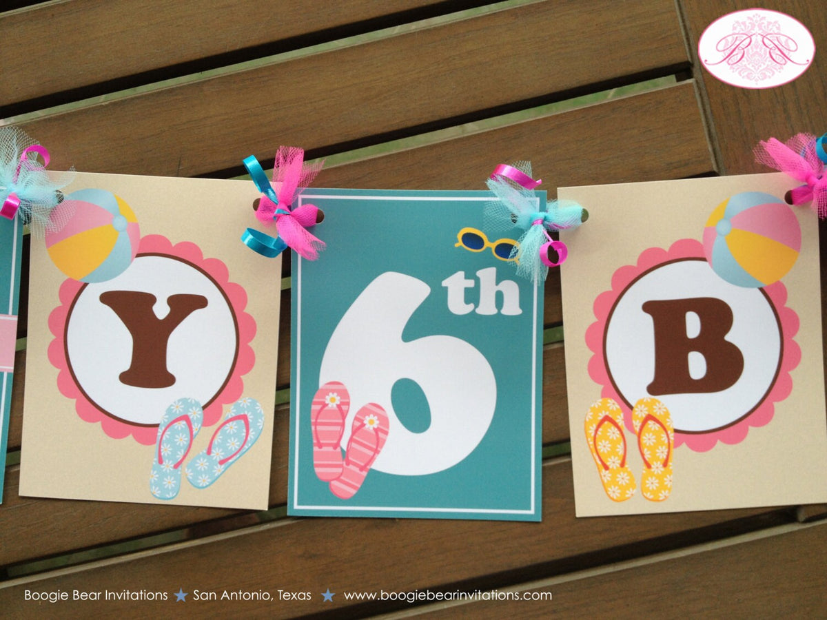 Flip Flop Happy Birthday Party Banner Pool Pink Beach Ball Swimming Gi ...