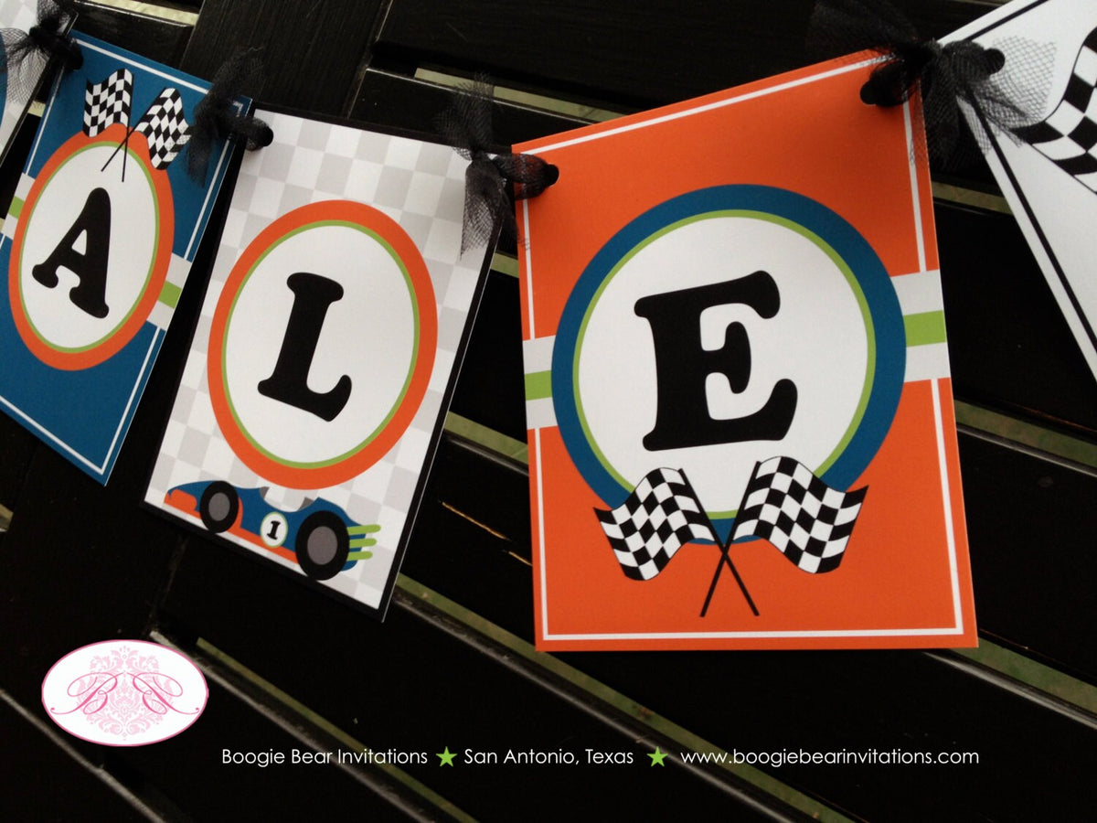 Race Car Name Birthday Party Banner Retro Orange Green Blue Black Raci ...
