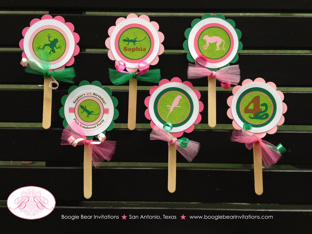 Pink Rainforest Birthday Party Cupcake Toppers Girl Monkey Parrot Geck ...