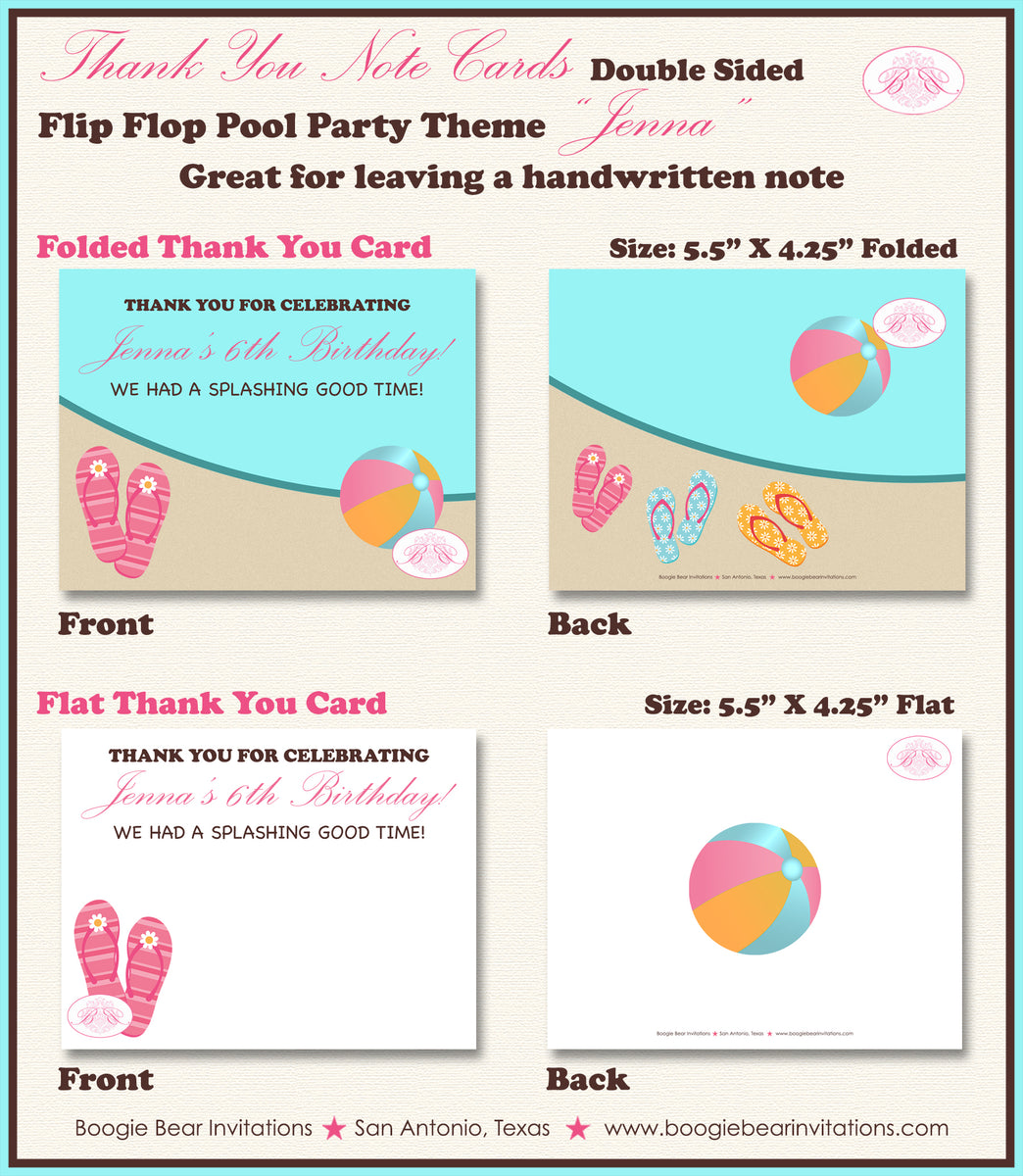 Flip Flop Pool Party Thank You Card Birthday Swimming Girl Pink Boogie ...