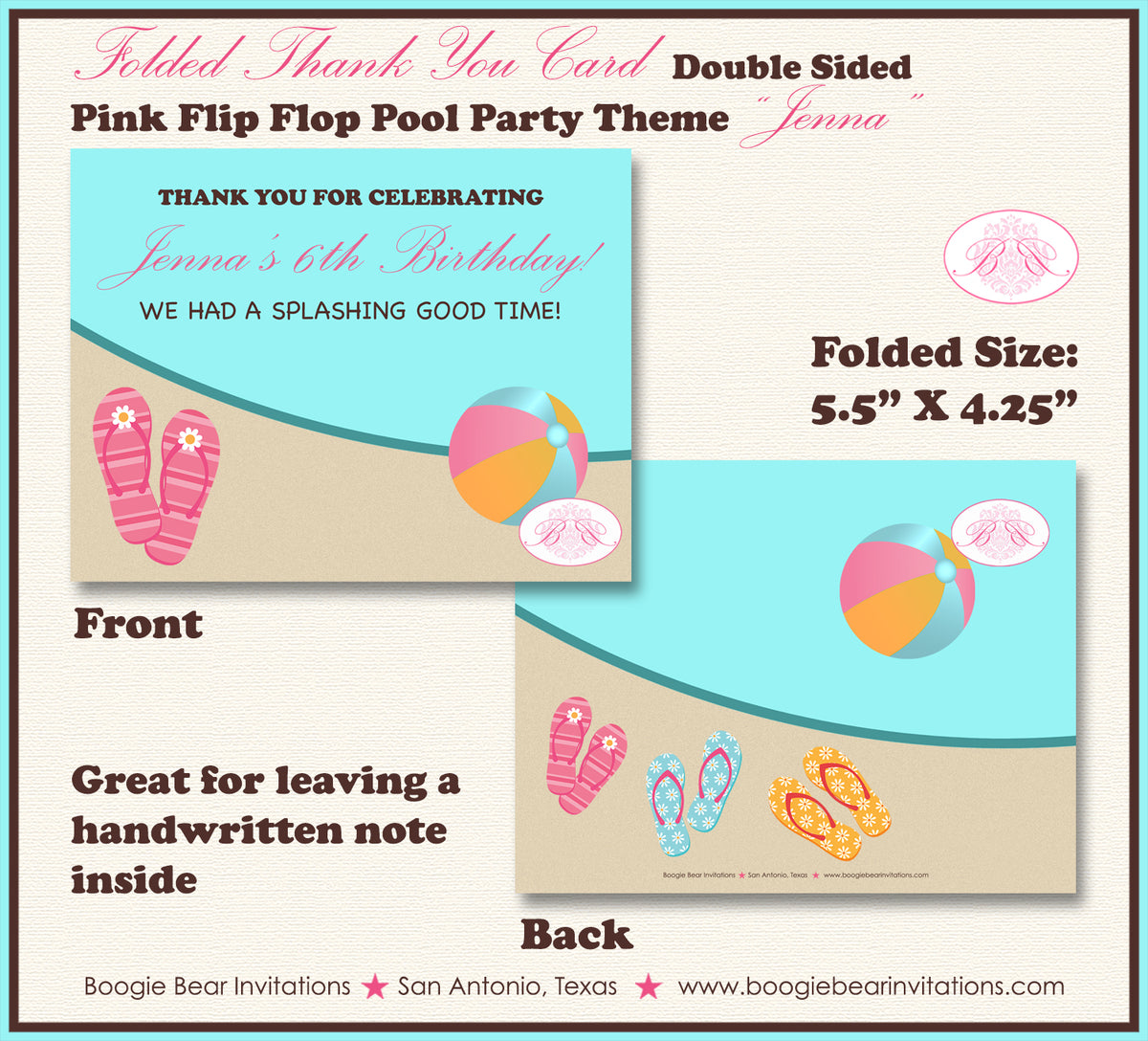 Flip Flop Pool Party Thank You Card Birthday Swimming Girl Pink Boogie ...