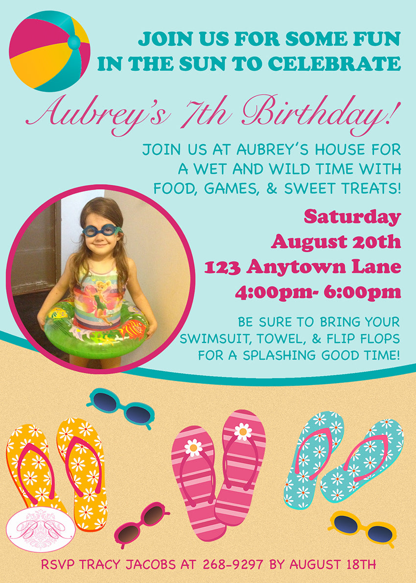 Flip Flop Birthday Party Invitation Photo Girl Pink Pool Swimming Boog ...