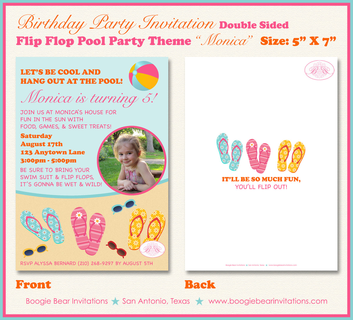 Flip Flop Pool Birthday Party Invitation Photo Girl Boogie Bear Invita ...
