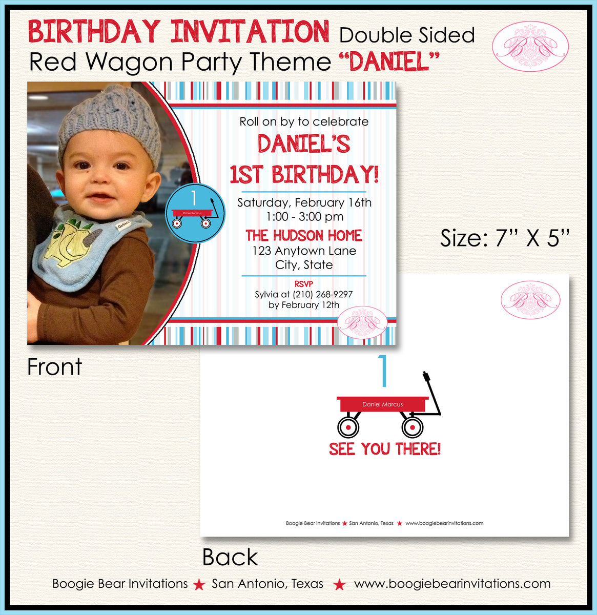 Red Wagon Photo Birthday Party Invitation Boy Girl Boogie Bear Invitat ...