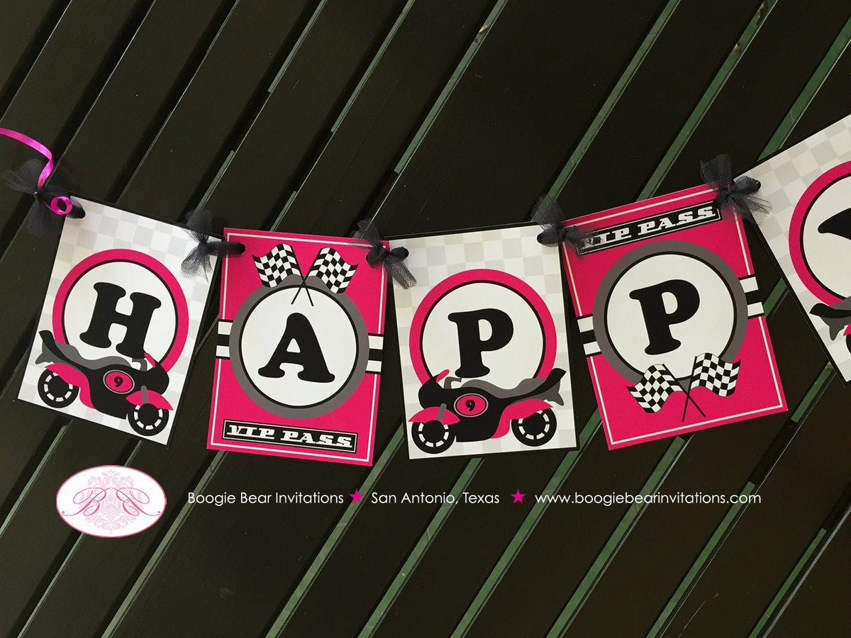 Pink Motorcycle Happy Birthday Party Banner Girl Black Grey Race Endur ...