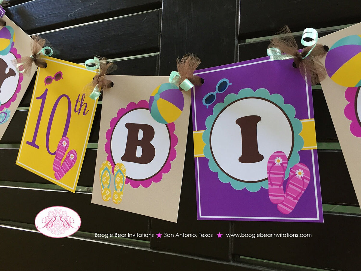 Flip Flop Pool Happy Birthday Banner Party Purple Swimming Boogie Bear ...