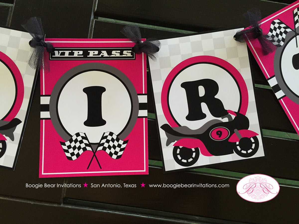 Pink Motorcycle Happy Birthday Party Banner Girl Black Grey Race Endur ...