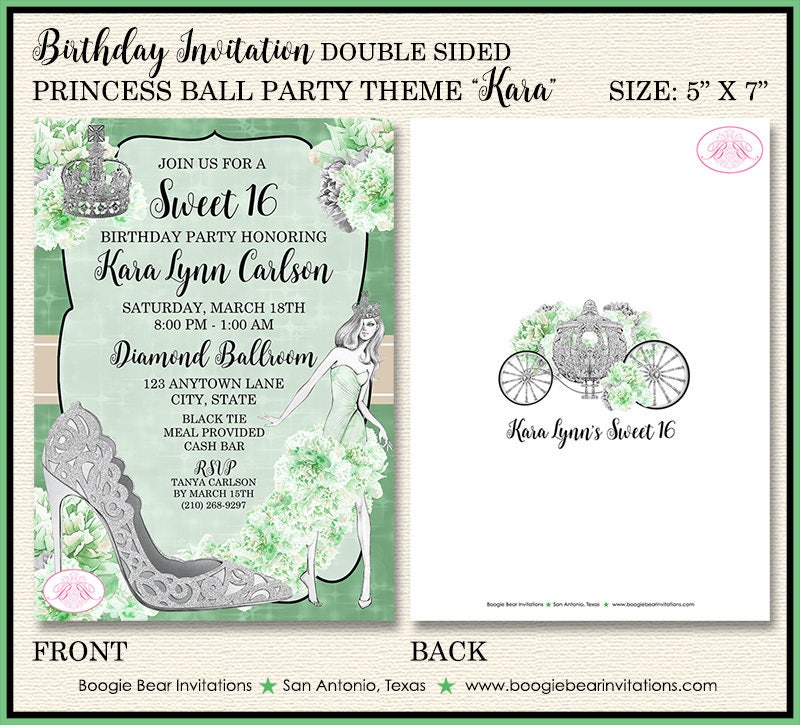 Princess Ball Birthday Party Invitation Green Cinderella Formal Royal ...