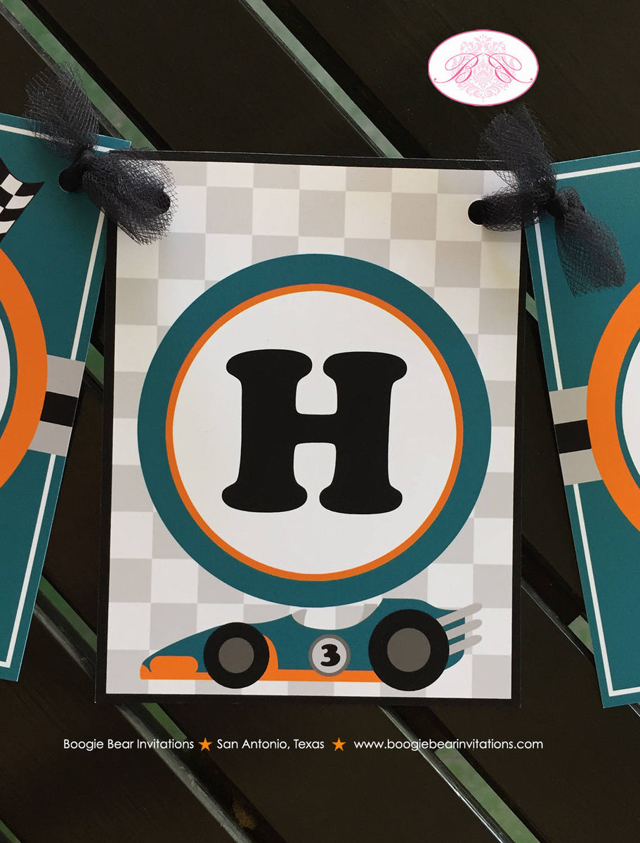 Race Car Happy Birthday Party Banner Racing Race Orange Teal Black Boy ...