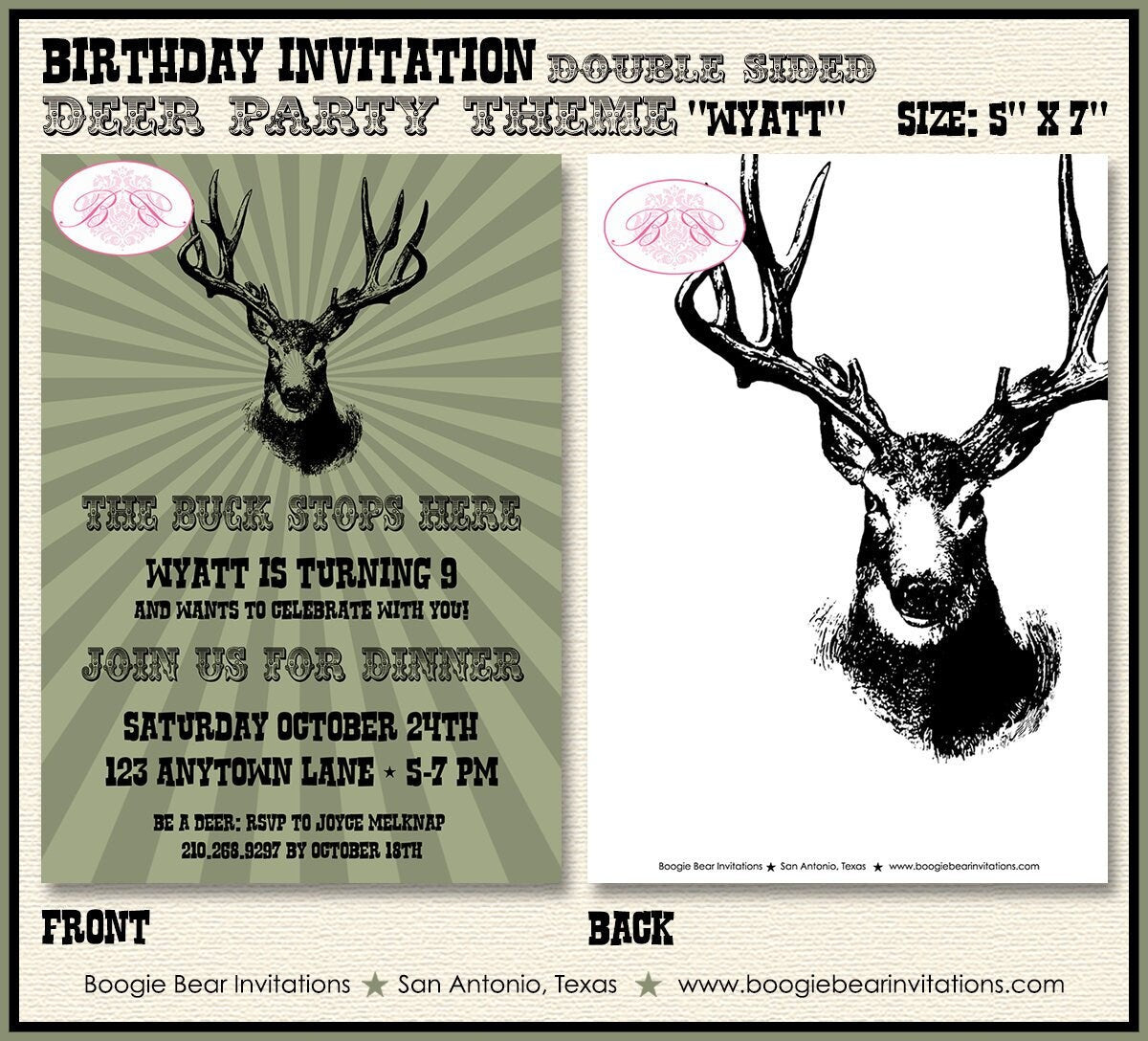 Deer Hunting Birthday Party Invitation Buck Elk Hunting Trip Bust Head ...