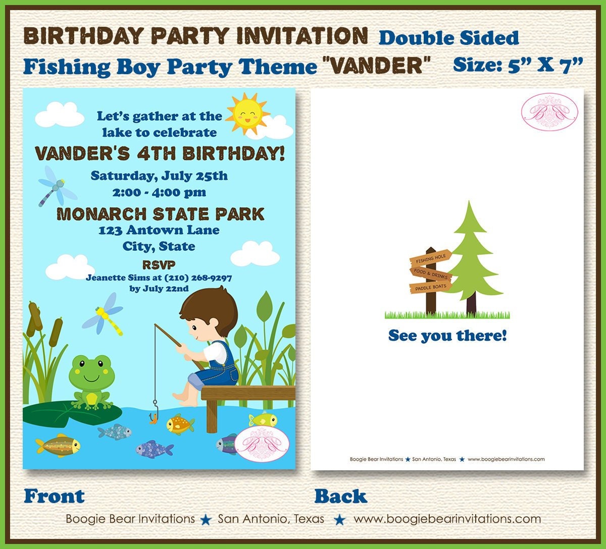 Fishing Boy Birthday Party Invitation Lake Blue Green Fish Dock Swimmi ...