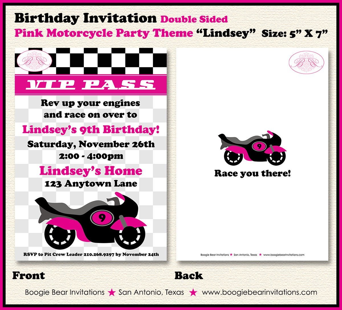 Pink Motorcycle Party Invitation Birthday Girl Enduro Motocross Racing ...