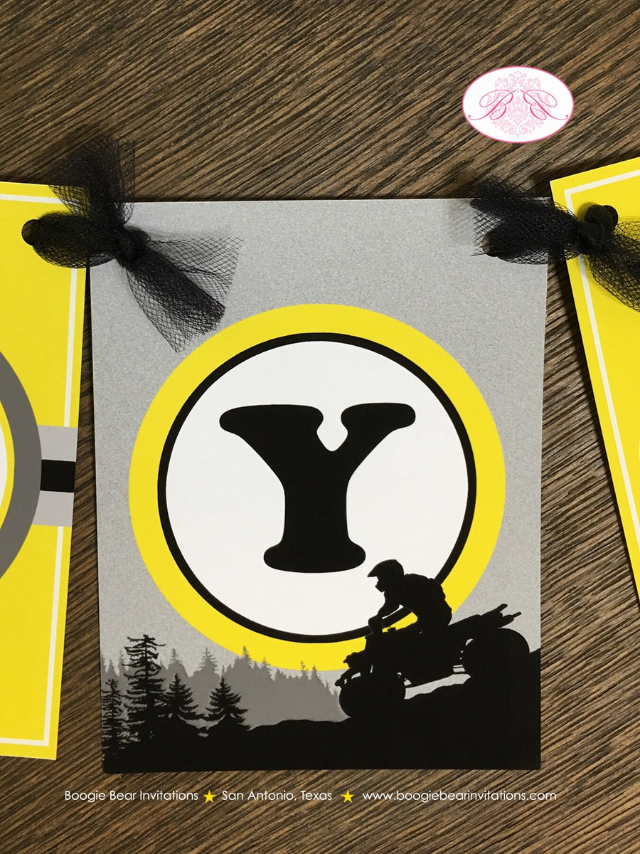ATV Happy Birthday Party Banner Yellow Racing 4 Wheel Boogie Bear Invi ...