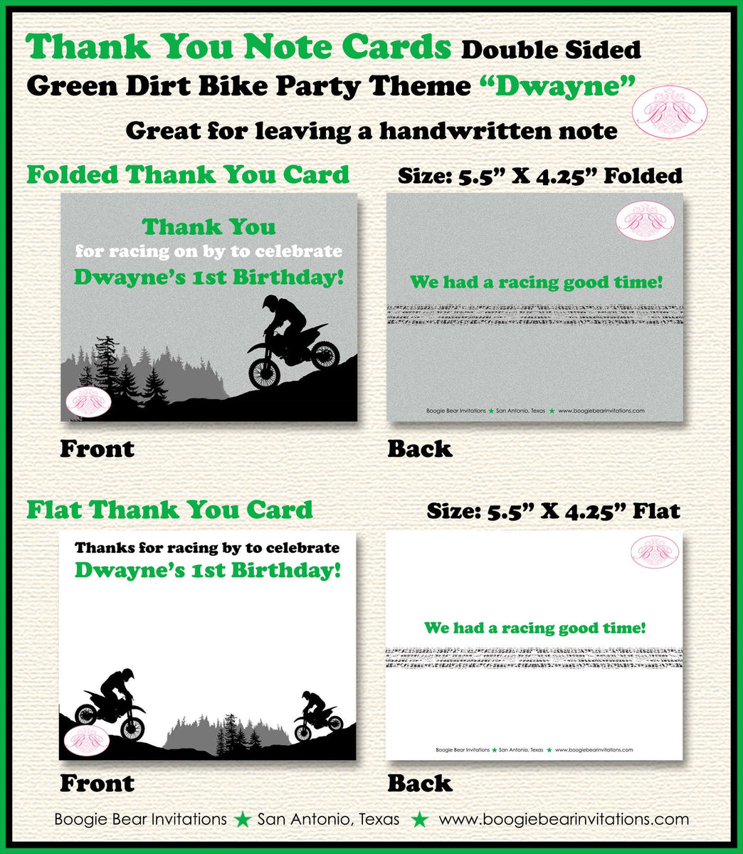 Dirt Bike Birthday Party Thank You Card Green Black Girl Boy Motocross ...