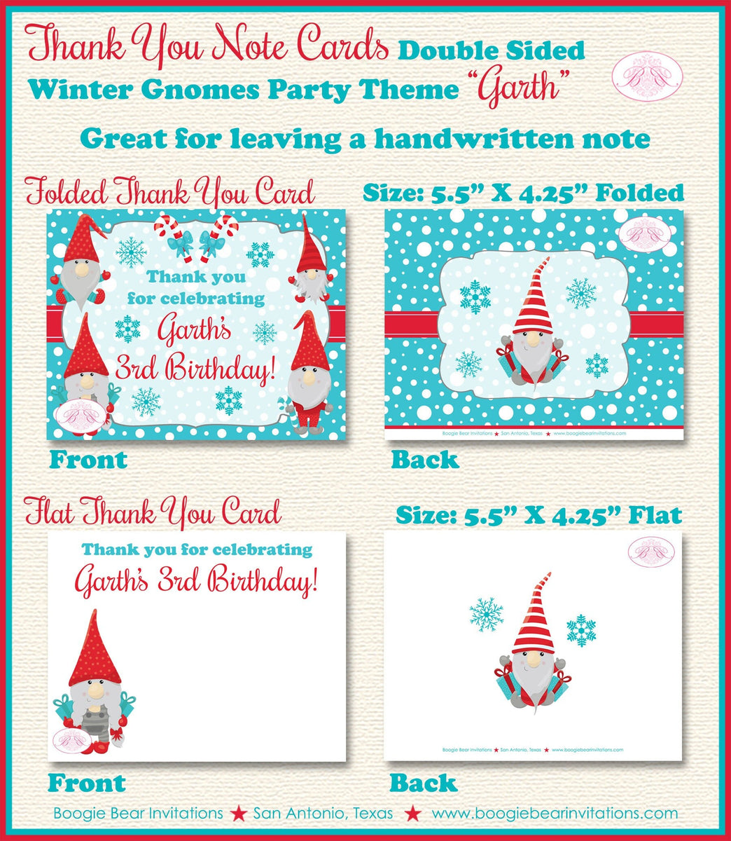 Winter Gnomes Party Thank You Cards Birthday Red Christmas Blue Boogie ...