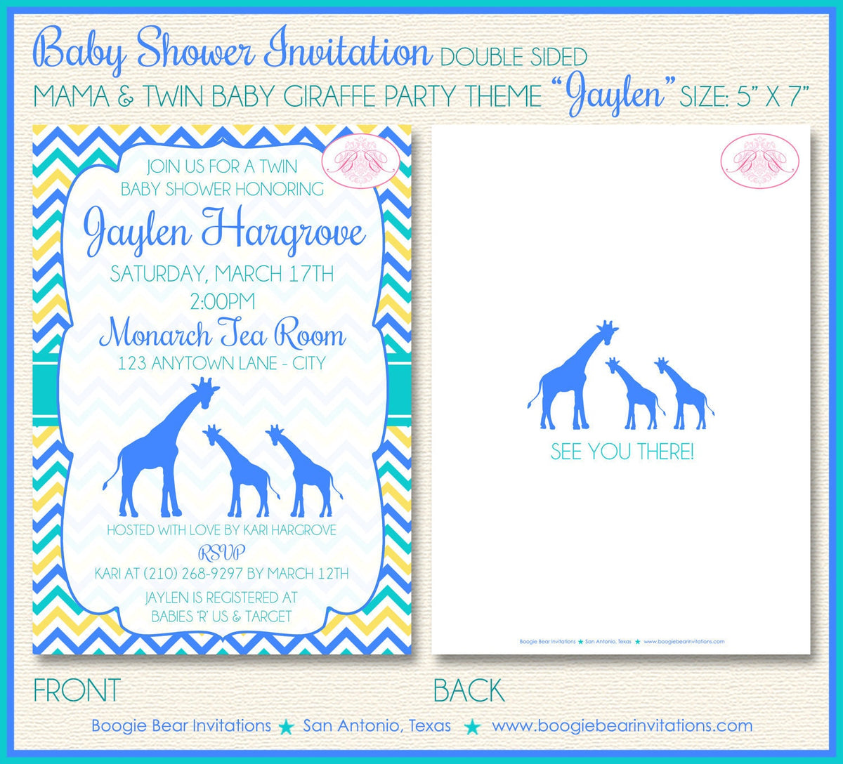 Twin Baby Giraffe Shower Party Invitation Boy Girl Silhouette Aqua Blu ...