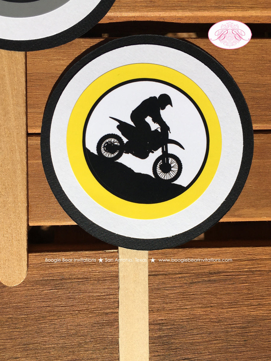 Yellow Dirt Bike Birthday Party Cupcake Toppers Set Boogie Bear Invita ...
