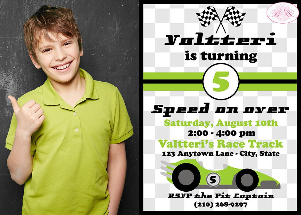 Race Car Photo Birthday Party Invitation Lime Green Grand Prix Racing ...