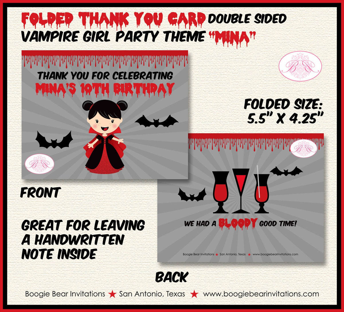 Vampire Girl Party Thank You Card Note Birthday Halloween Blood Red Co ...