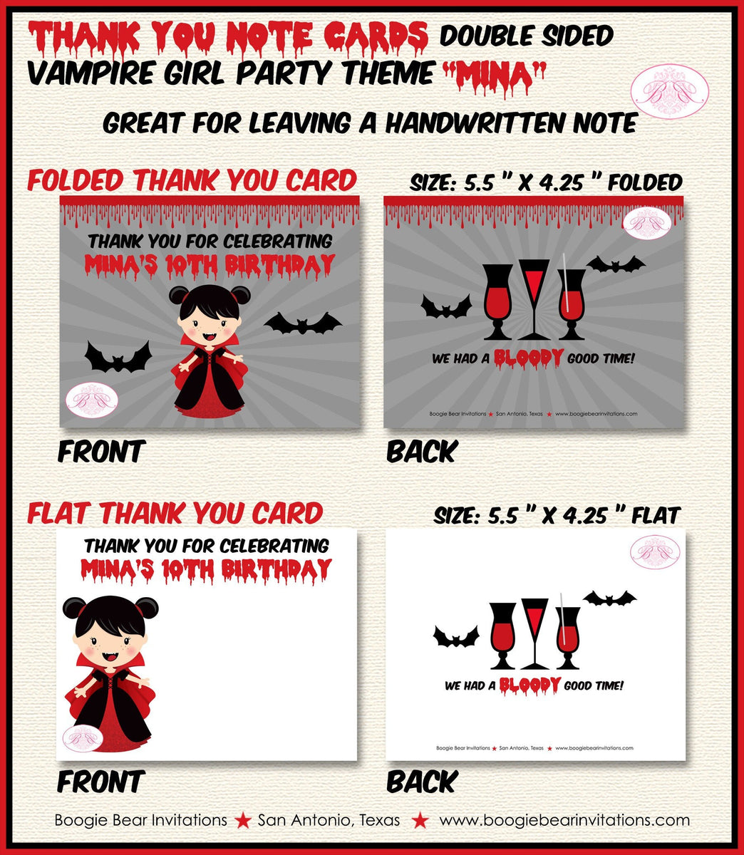 Vampire Girl Party Thank You Card Note Birthday Halloween Blood Red Co ...