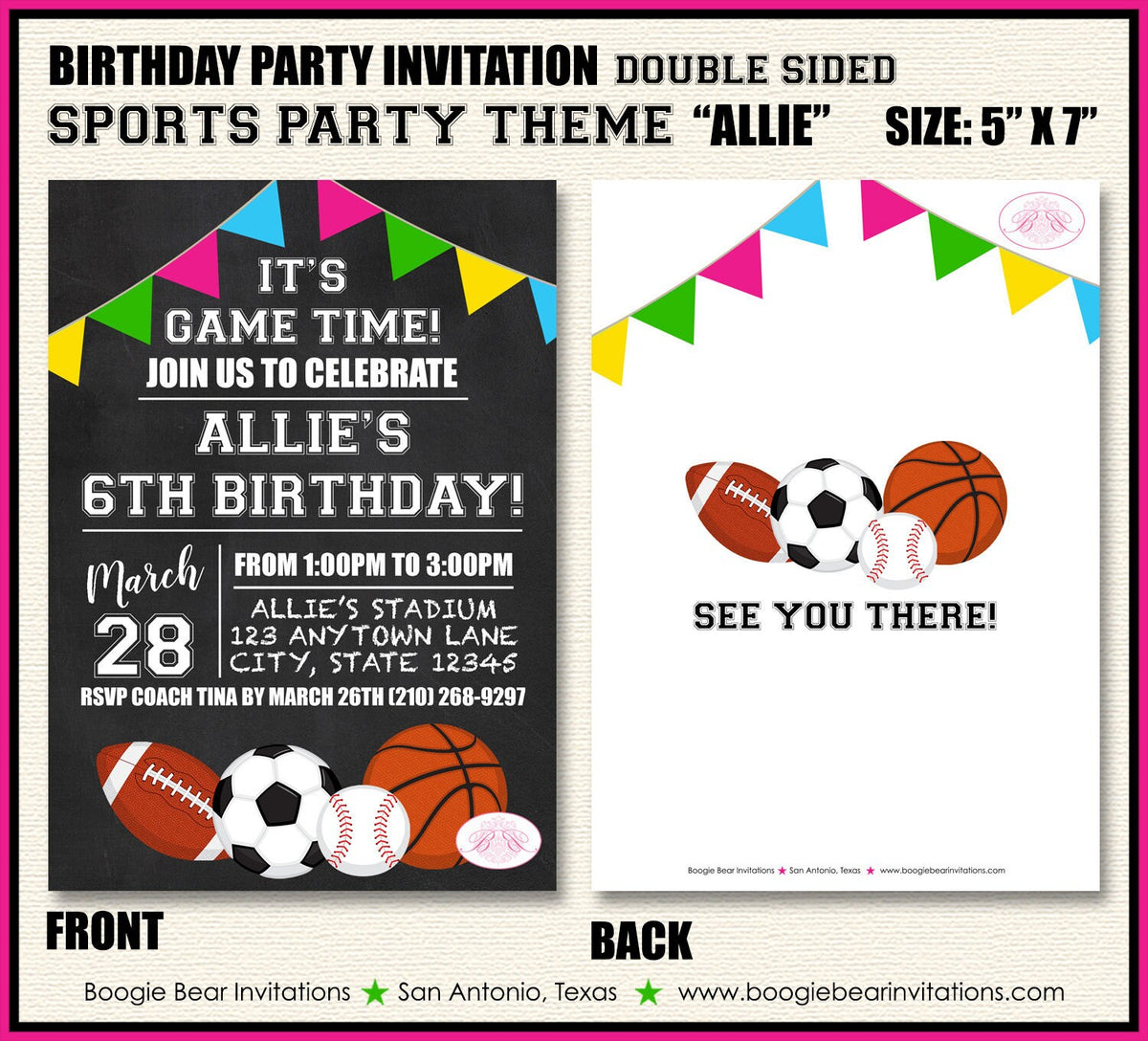 Sports Birthday Party Invitation Girl Chalkboard Pink Ball Play Game T ...