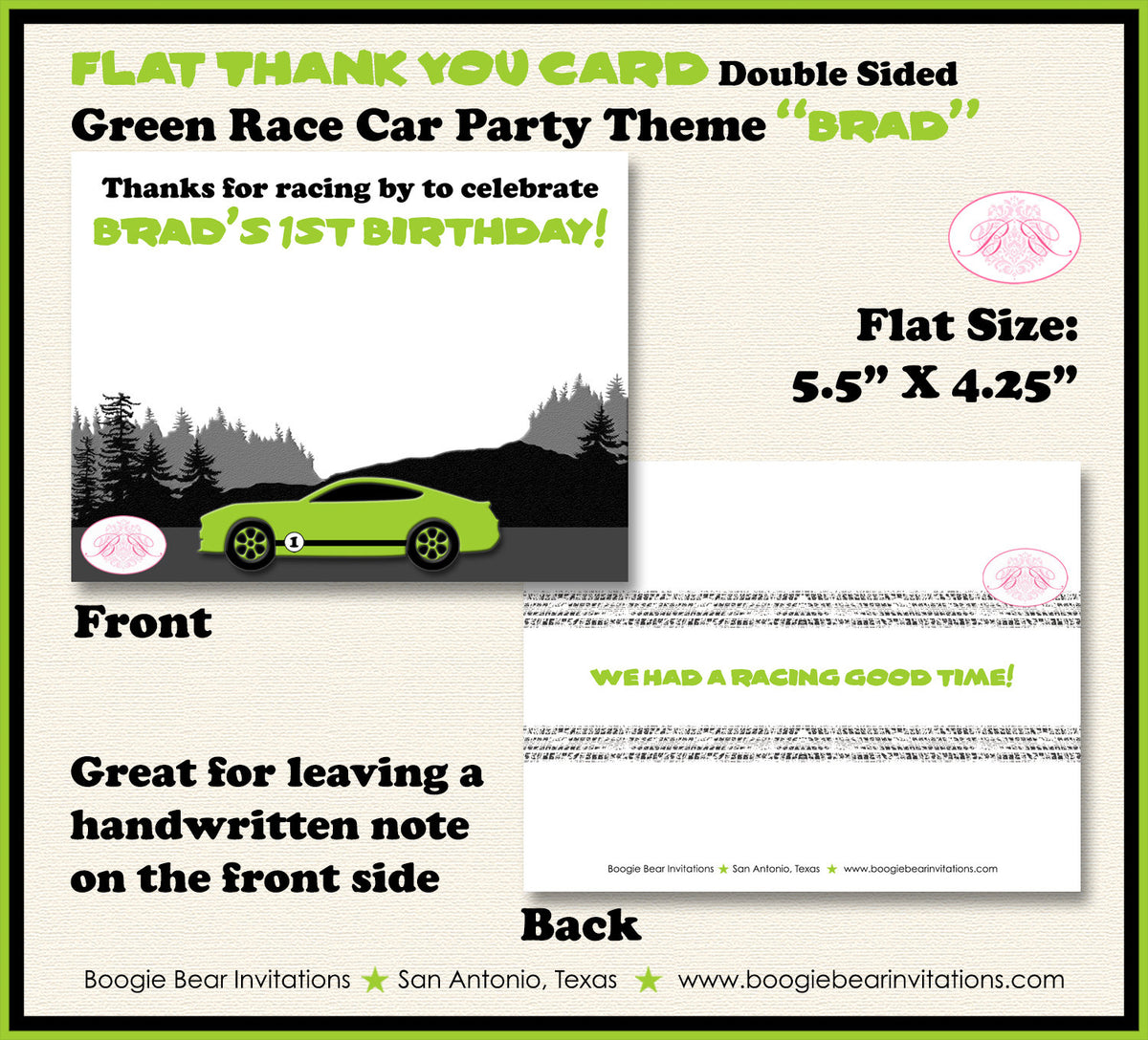 Green Race Car Birthday Party Thank You Card Note Circuit Course Sport ...