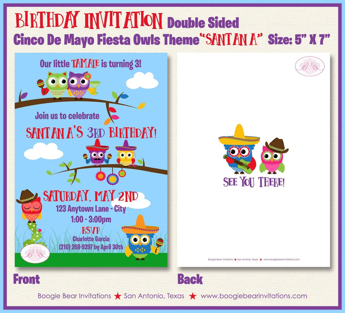 Cinco de Mayo Fiesta Party Invitation Owls Girl Boy Birthday Mariachi ...