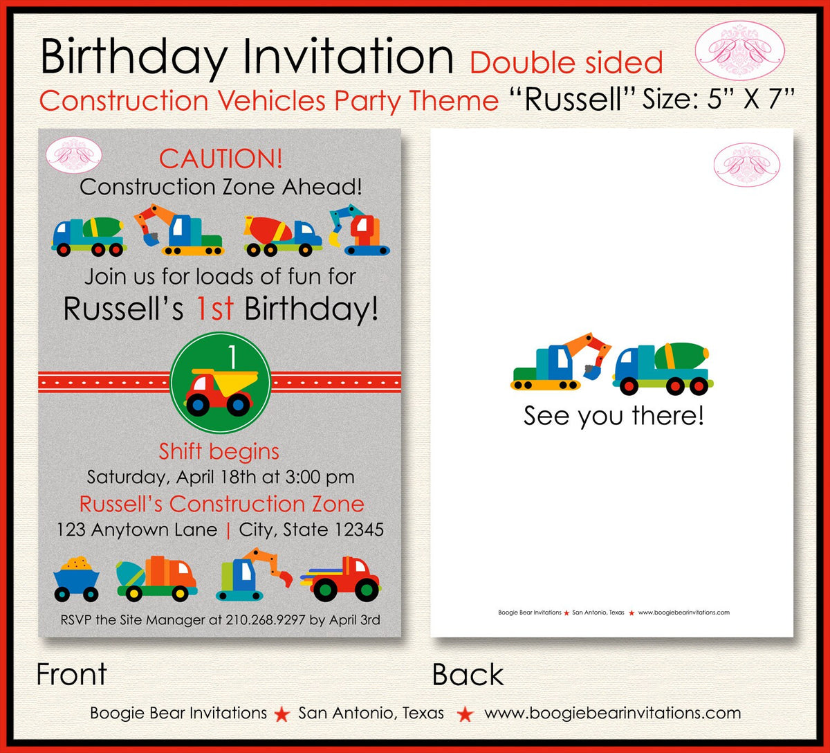 Construction Birthday Party Invitation Vehicles Photo Boy Caution Dump ...