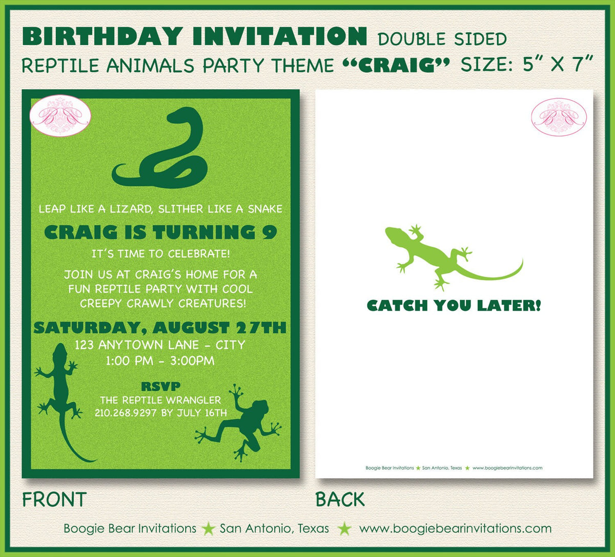 Reptile Bug Birthday Party Invitation Snake Frog Lizard Boy Girl Jungl ...