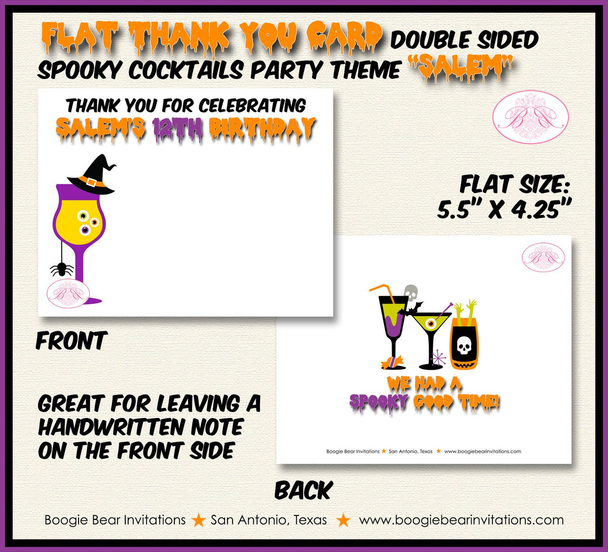 Spooky Cocktails Party Thank You Card Note Birthday Halloween Boogie B ...