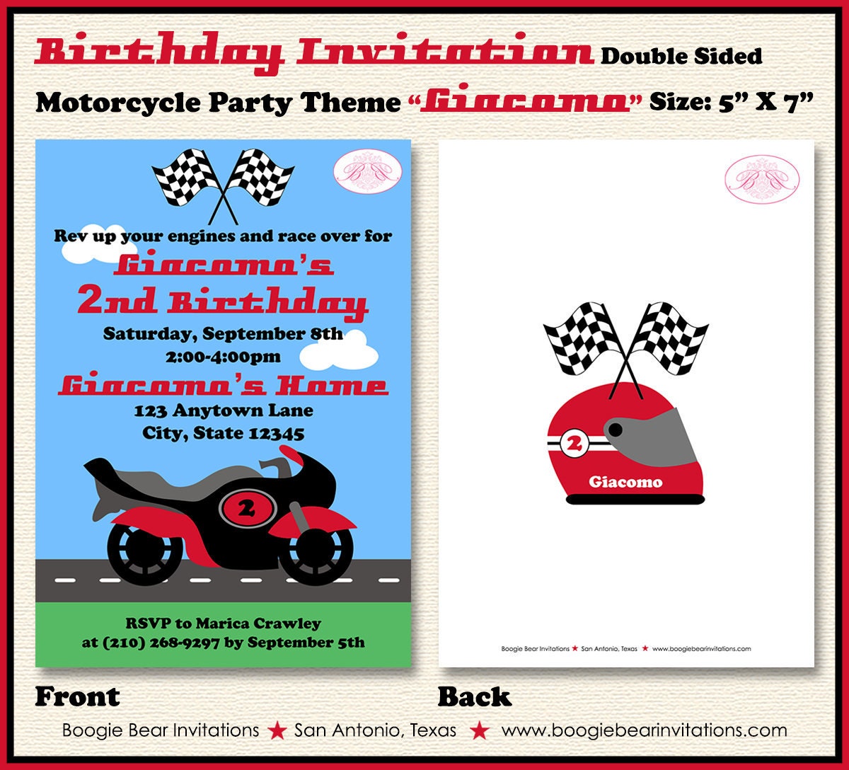 Motorcycle Birthday Party Invitation Red Black Racing Race Track Stree ...