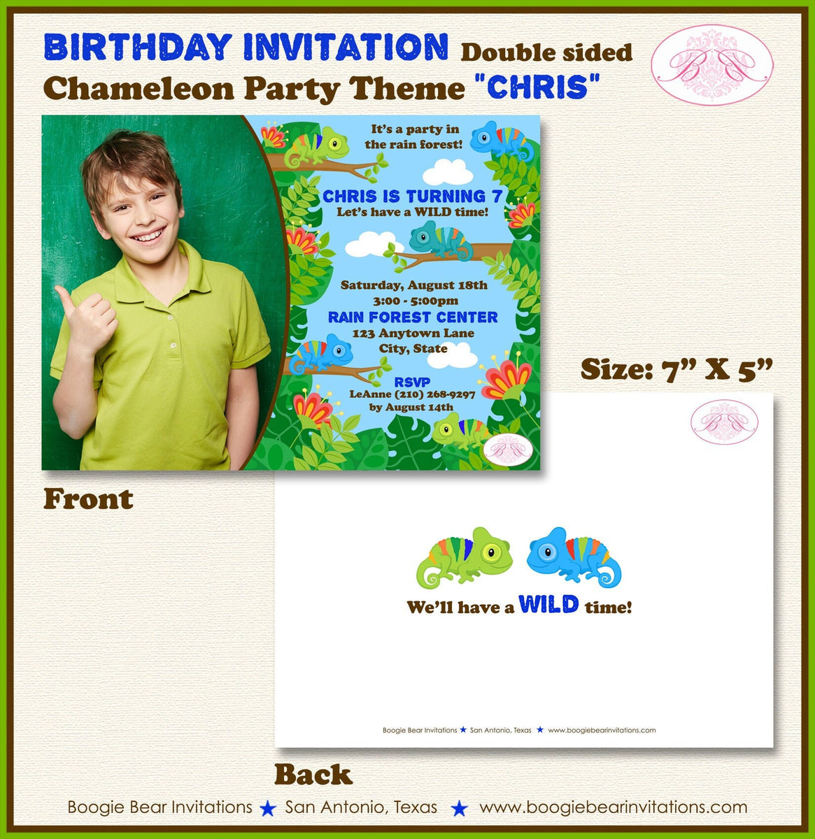 Chameleon Photo Birthday Party Invitation Rainforest Amazon Safari Jun ...