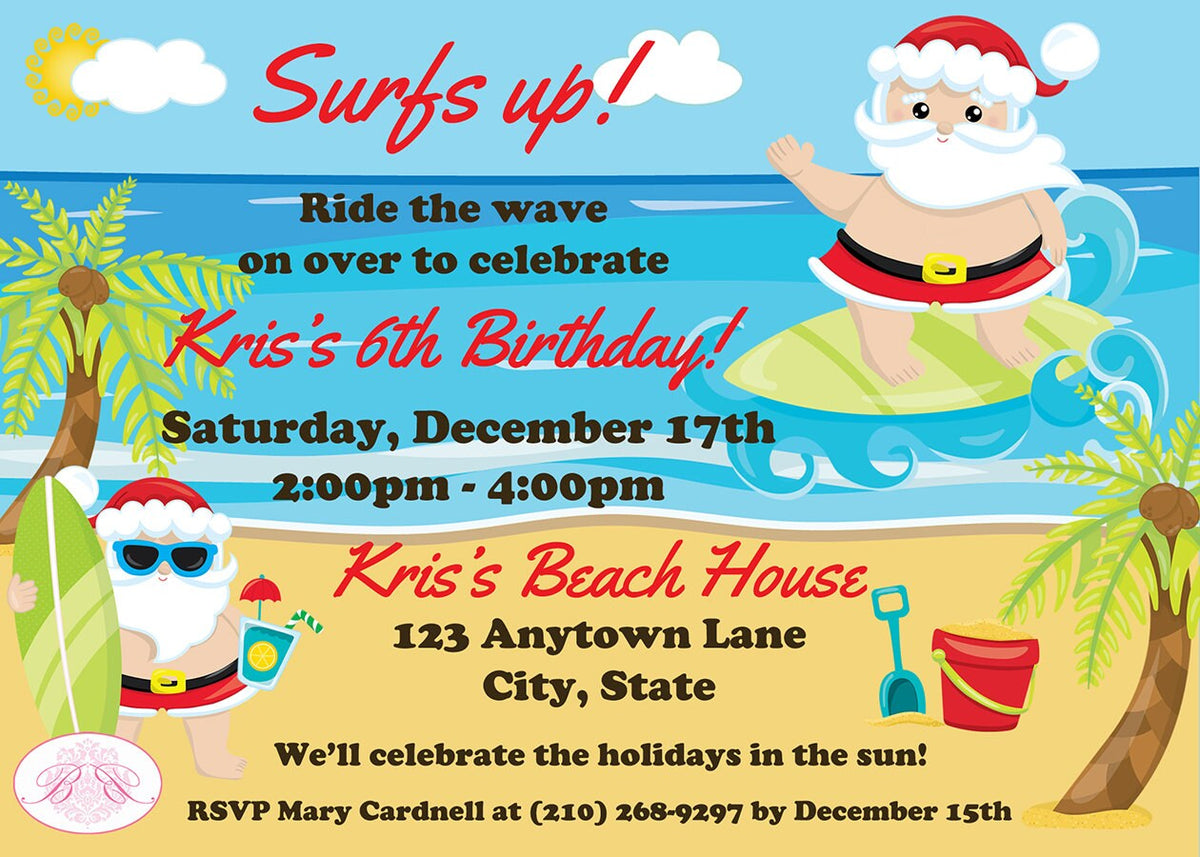 Santa Claus Surfer Birthday Party Invitation Beach Christmas Boogie Be ...