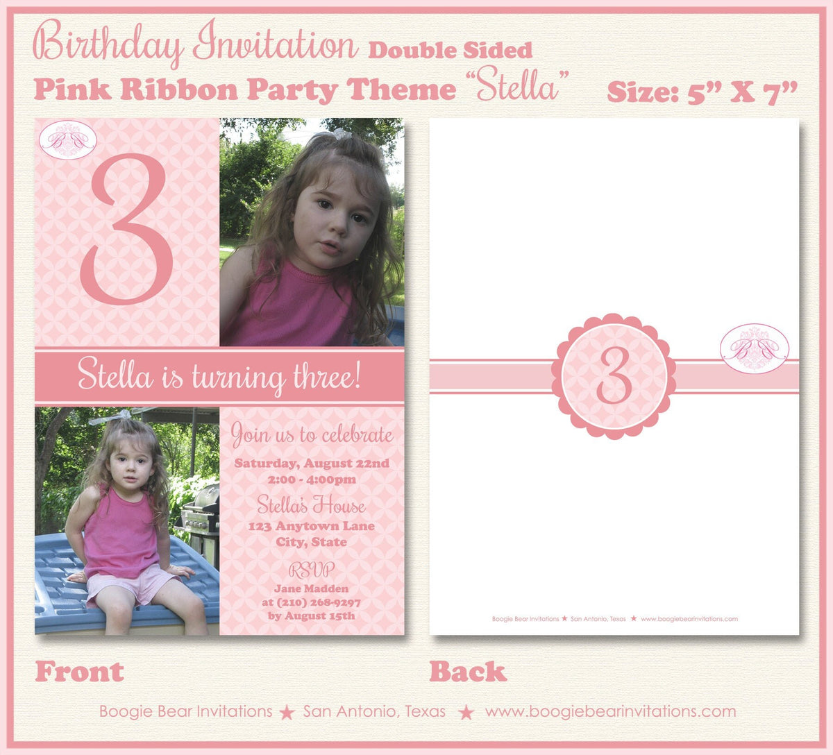 Pink Ribbon Birthday Party Invitation Photo Elegant Girl Boogie Bear I ...