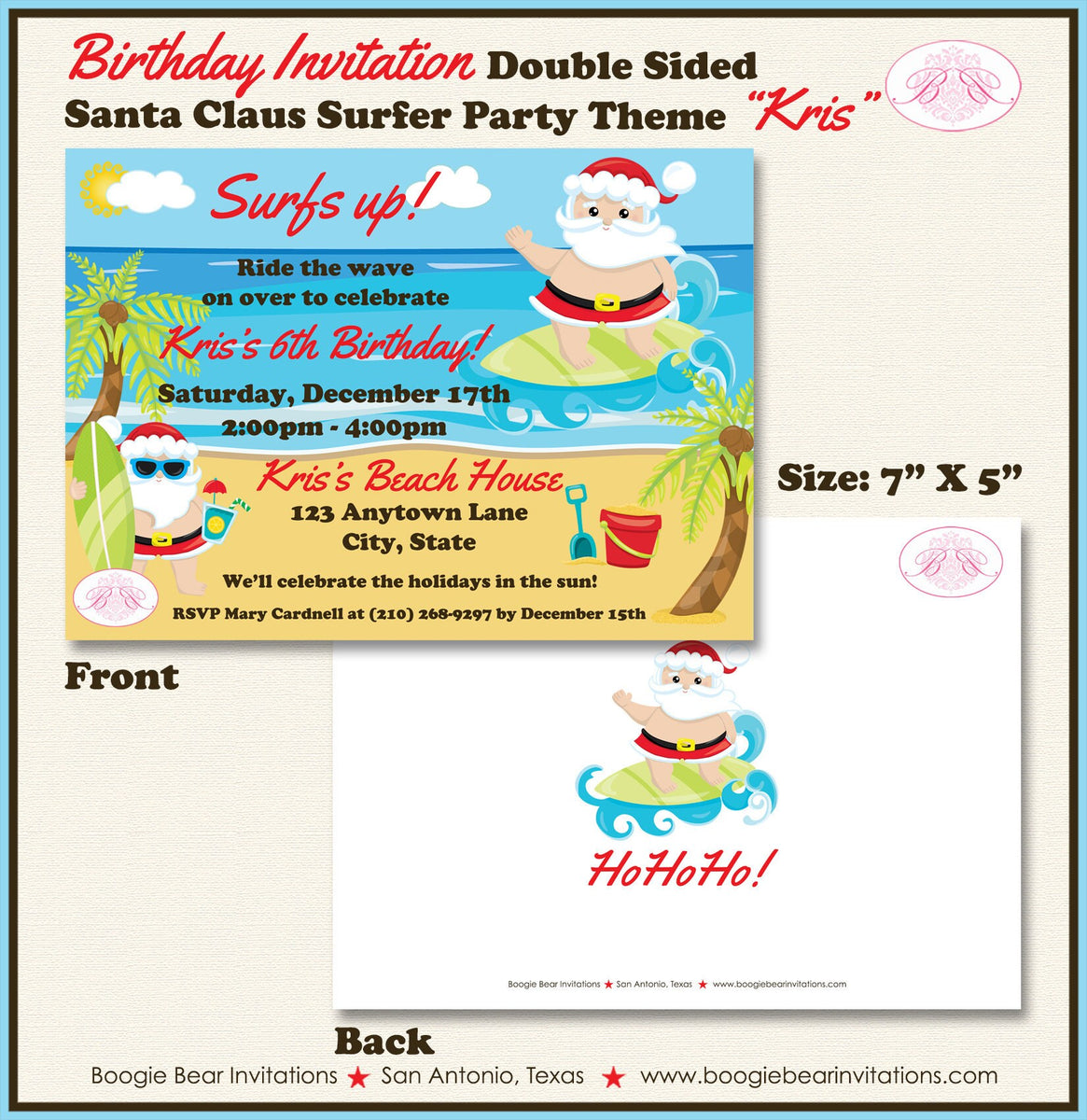 Santa Claus Surfer Birthday Party Invitation Beach Christmas Boogie Be ...