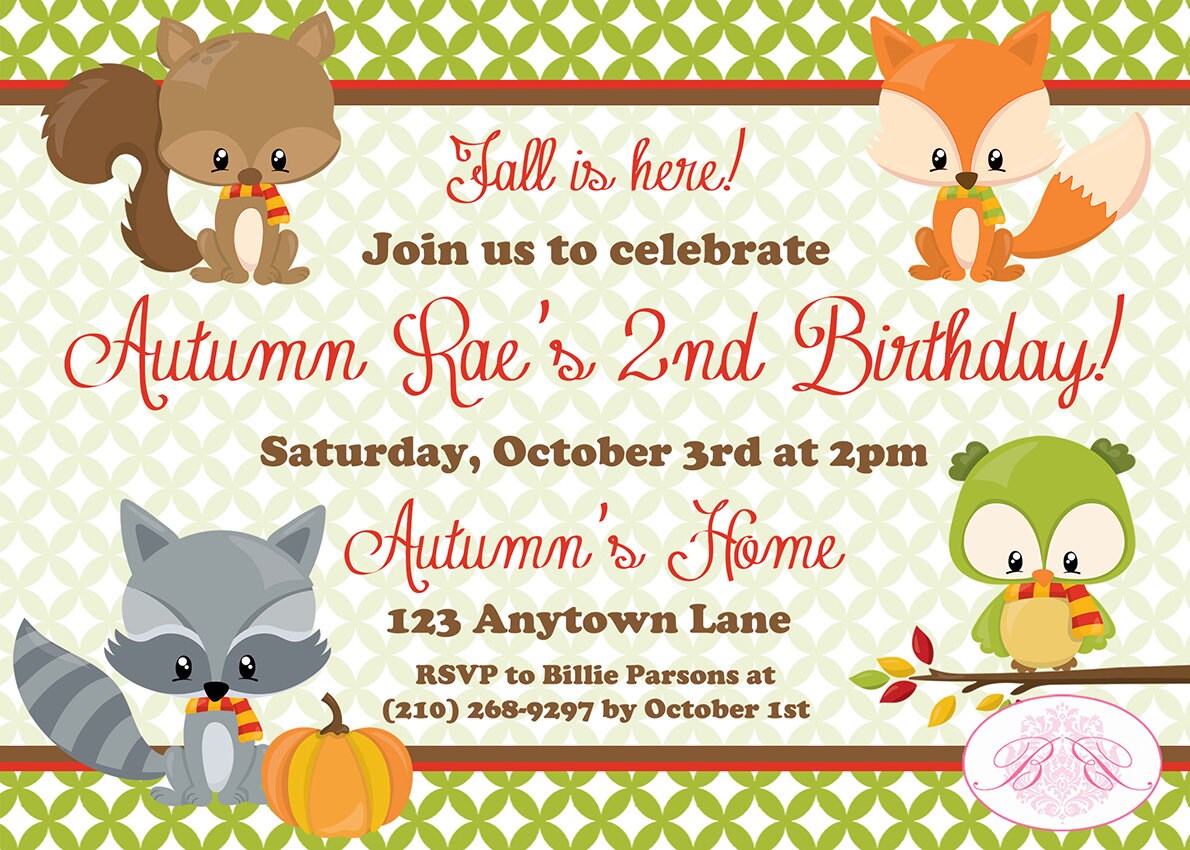 Fall Animals Birthday Party Invitation Pumpkin Boy Girl Woodland Fores ...