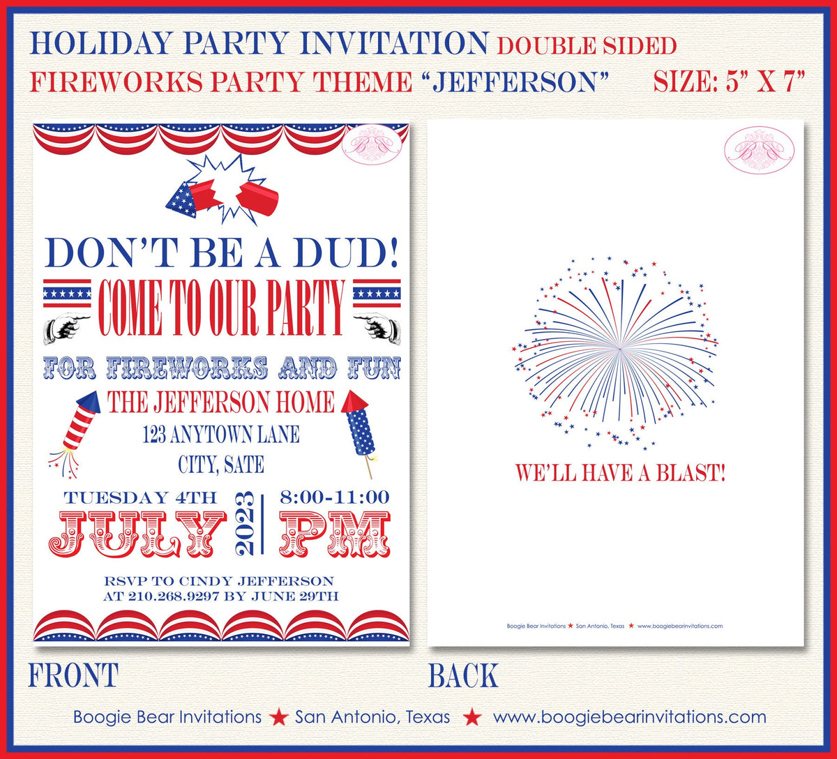 4th of July Fireworks Party Invitation Flag Red White Blue Show Blast ...