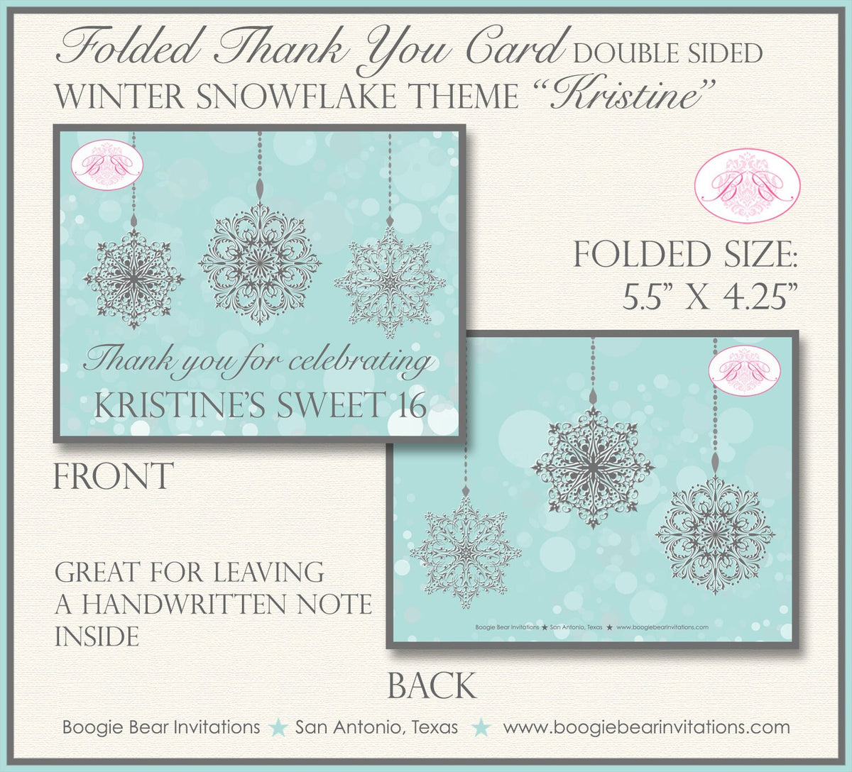 Winter Snowflake Birthday Thank You Card Party Note Flat Folded Orname ...
