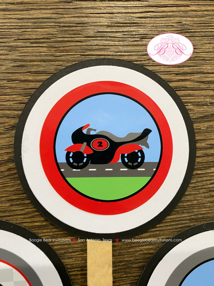 Motorcycle Birthday Party Cupcake Toppers Racing Red Black Enduro Moto ...
