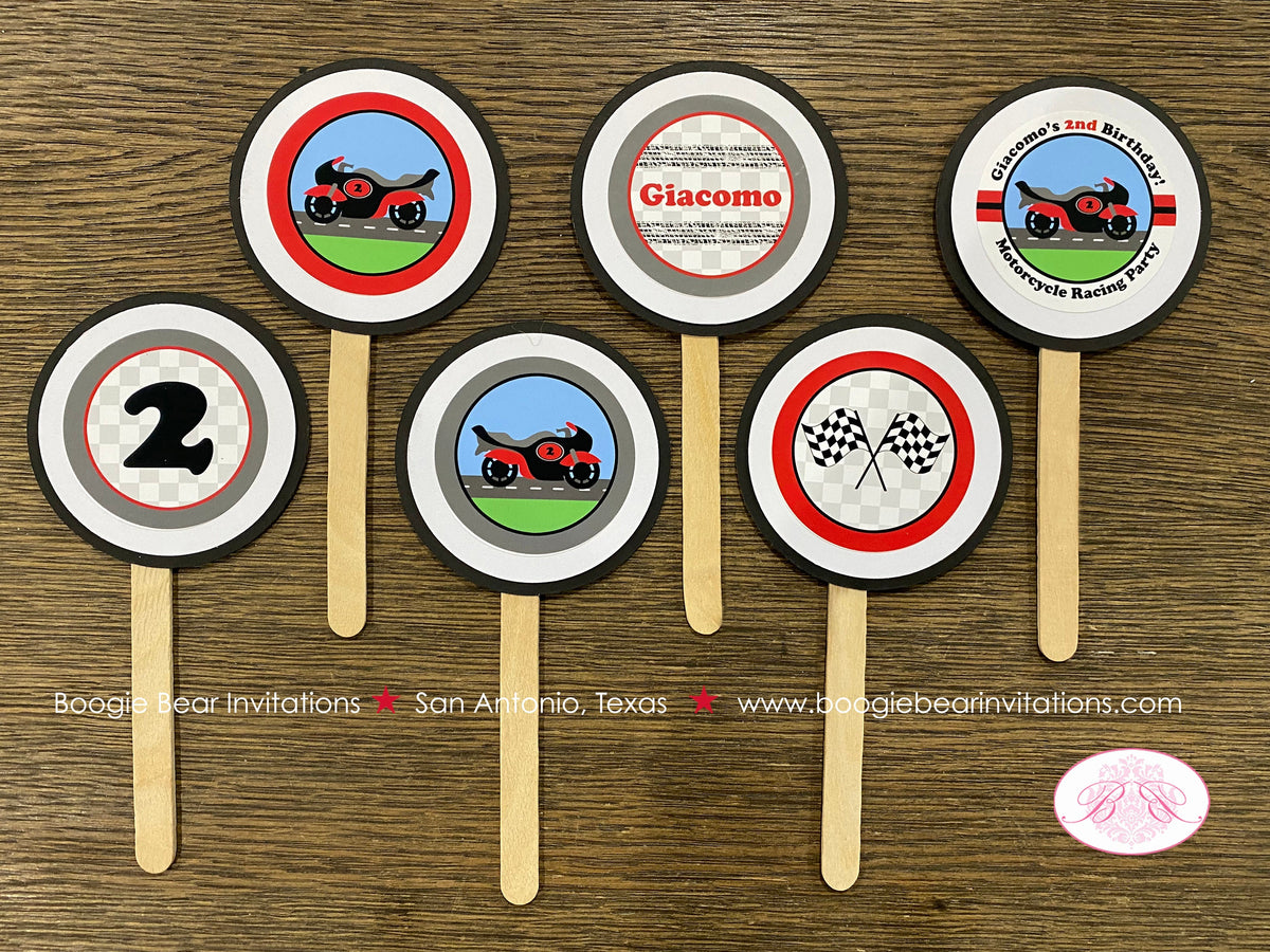 Motorcycle Birthday Party Cupcake Toppers Racing Red Black Enduro Moto ...