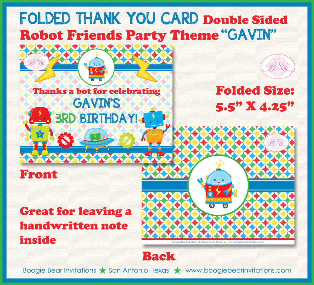 Robot Birthday Party Thank You Card Boy Girl Boogie Bear Invitations G