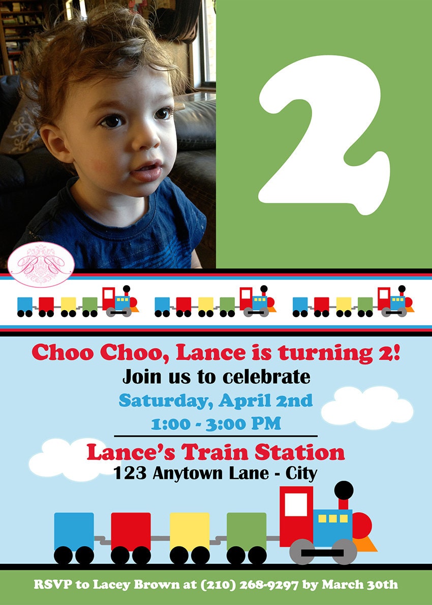 Train Photo Birthday Party Invitation Blocks Railroad Boy Girl Red Rai ...